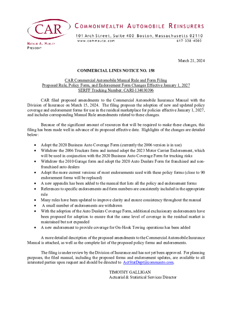 Fillable Online Commercial Auto Manual Rule and Form Filing Effective ...