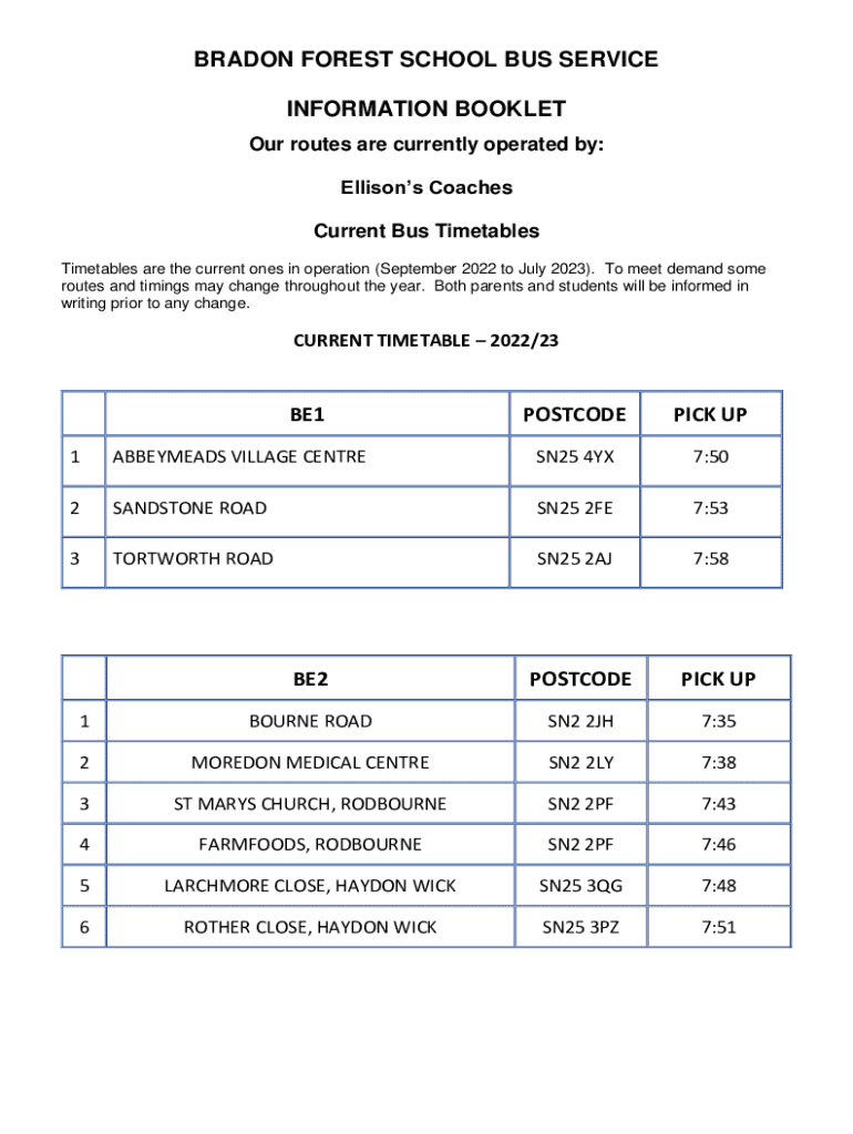 Fillable Online Bradon Forest School Bus Service Information Booklet ...
