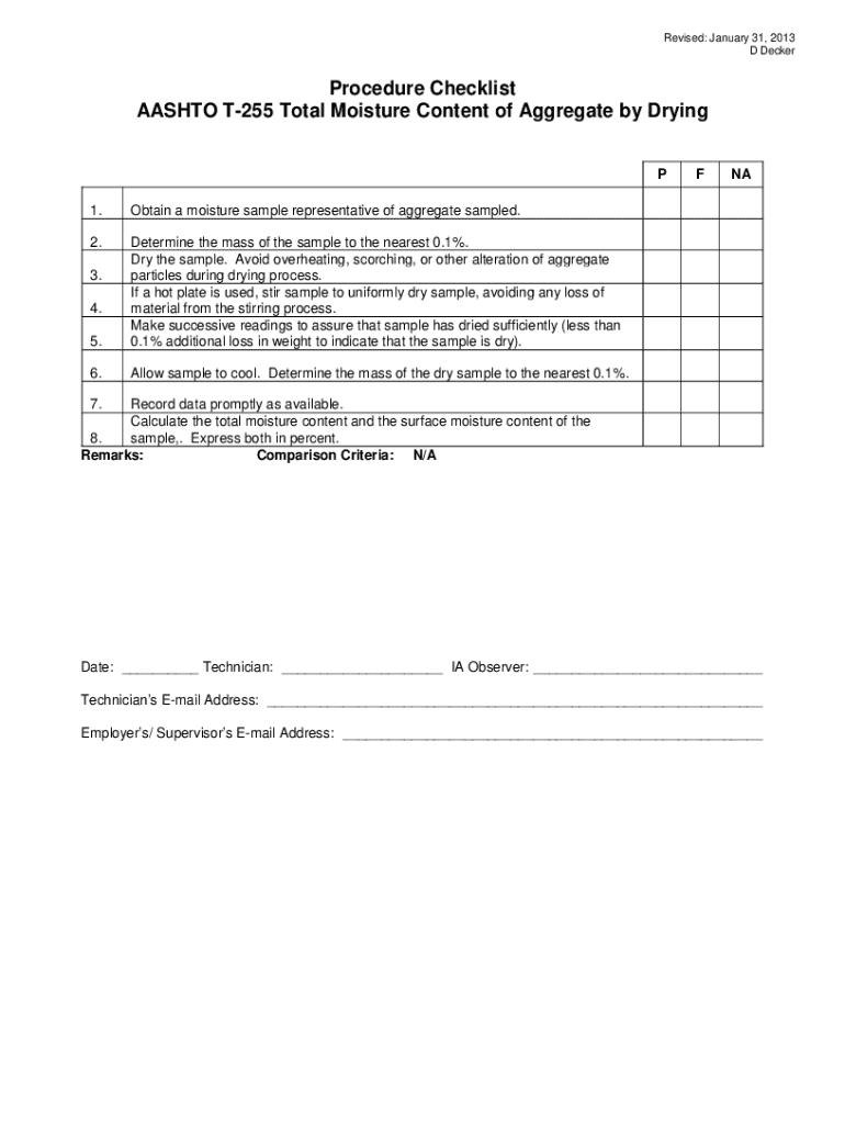 Fillable Online Procedure Checklist AASHTO T-255 Total Moisture Content ...