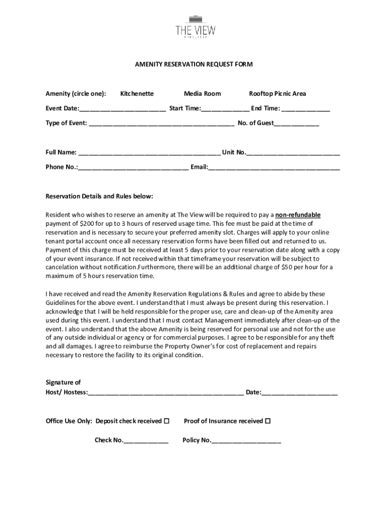 Fillable Online Amenity Reservation Request Form Fax Email Print ...