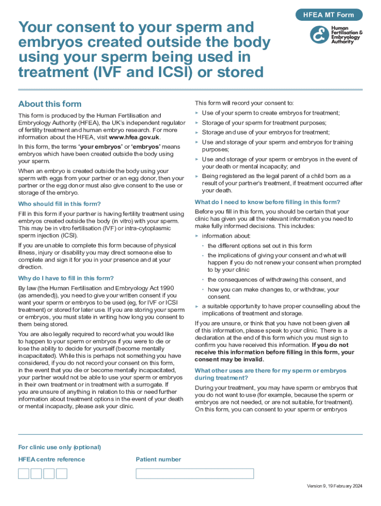 Fillable Online Your consent to your sperm and embryos created outside ...