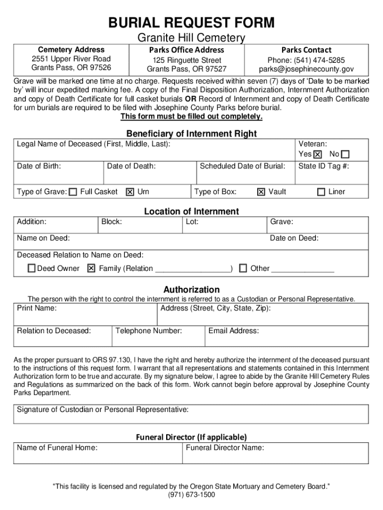 Fillable Online BURIAL REQUEST FORM - Granite Hill Cemetery Fax Email ...