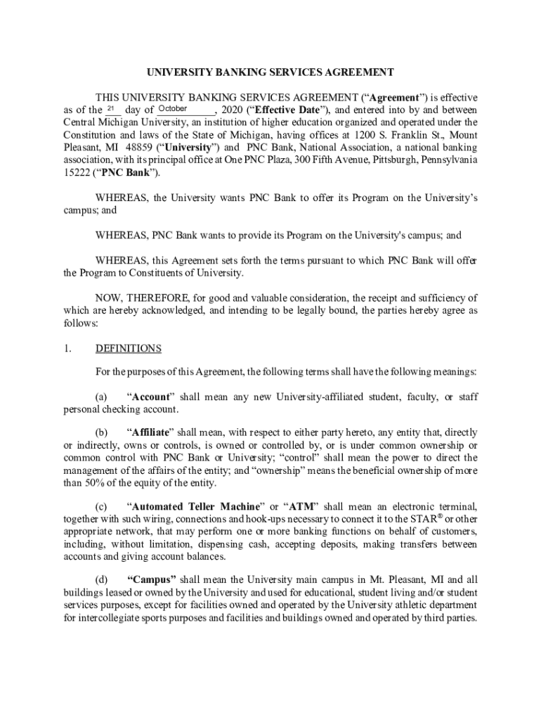 Fillable Online THIS UNIVERSITY BANKING SERVICES AGREEMENT (Agreement ...