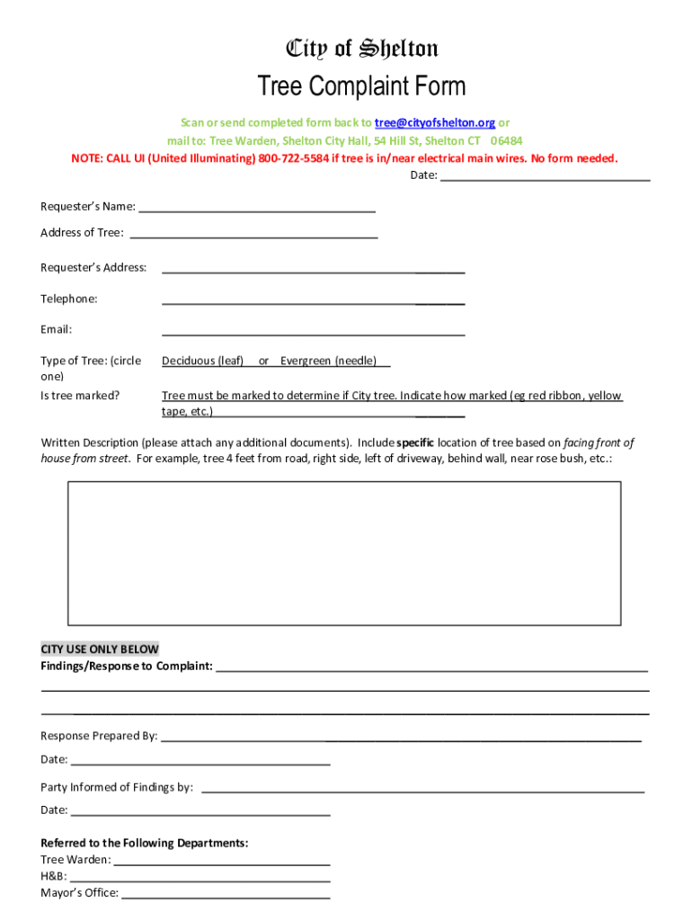 Fillable Online City of Shelton - Tree Complaint Form Fax Email Print ...