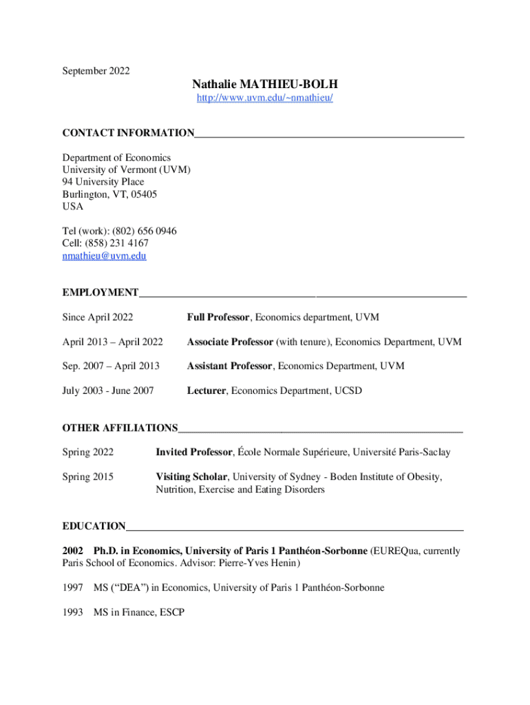 Fillable Online Nathalie Mathieu-Bolh CV. Curriculum Vitae Fax Email Print - pdfFiller