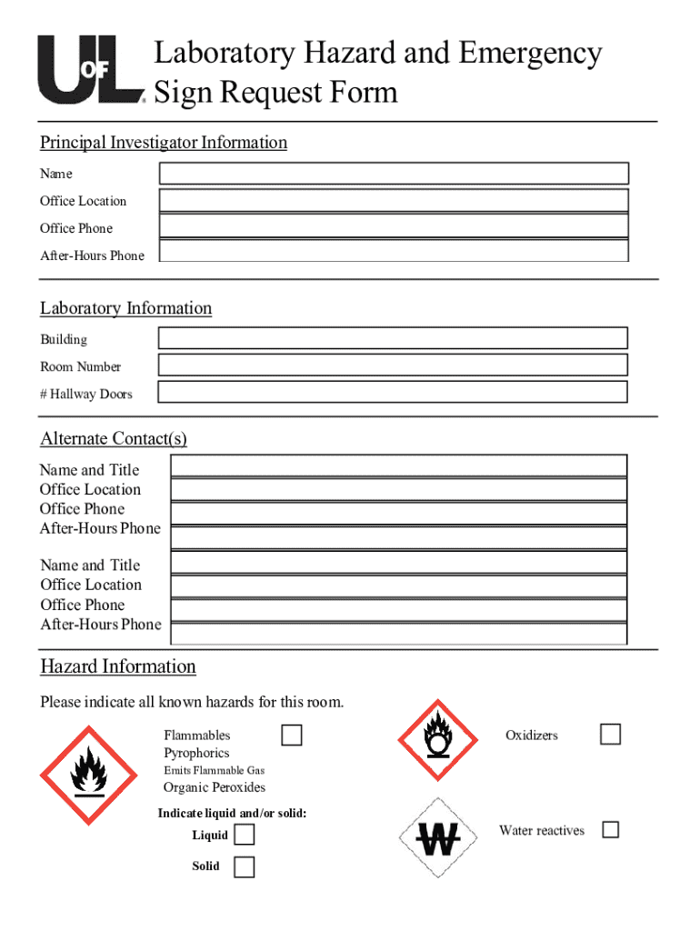 Fillable Online Laboratory Hazard and Emergency Sign Request Form Fax ...