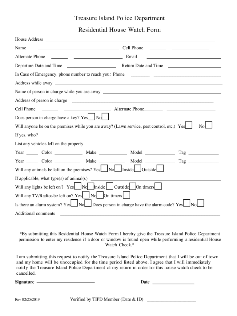 Fillable Online Treasure Island Police Department Residential House ...