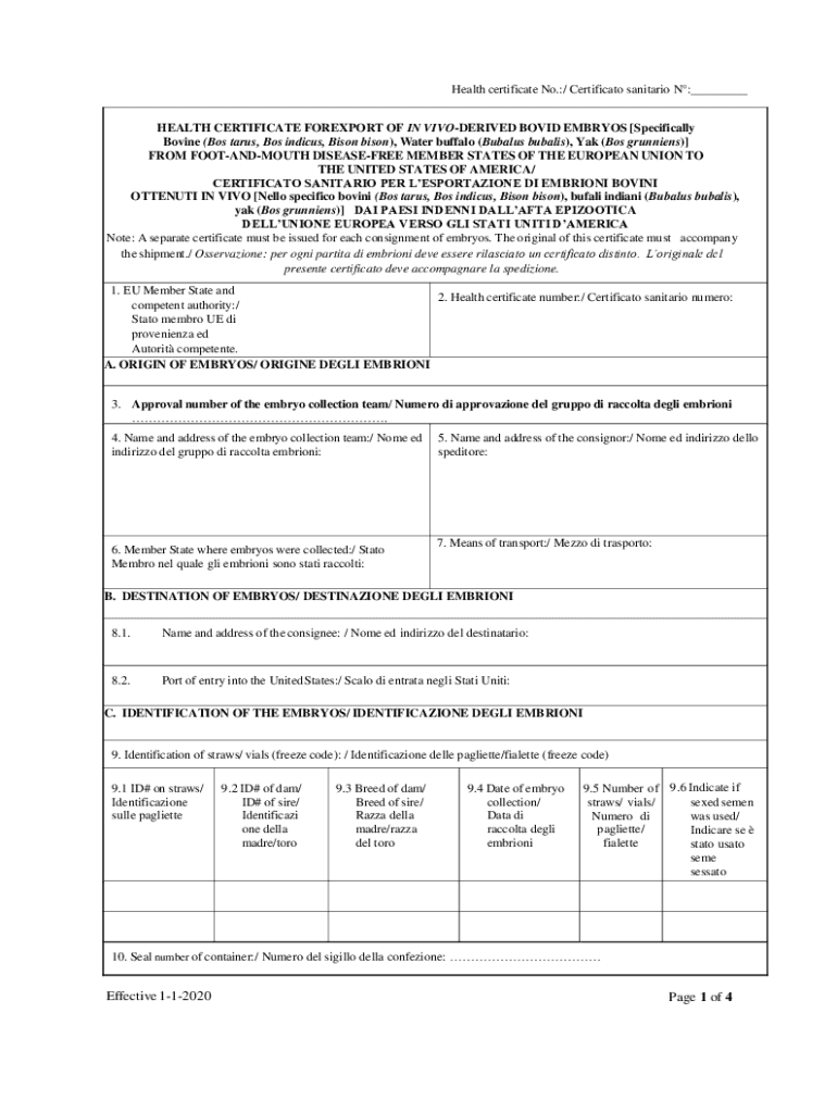 Fillable Online Health Certificate for Export of In Vivo-Derived Bovid ...