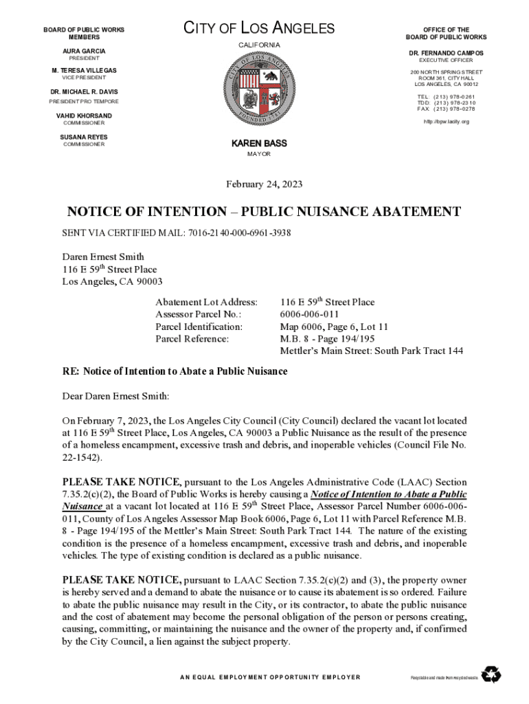 Fillable Online NOTICE OF INTENTIONPUBLIC NUISANCE ABATEMENT Fax Email Print - pdfFiller