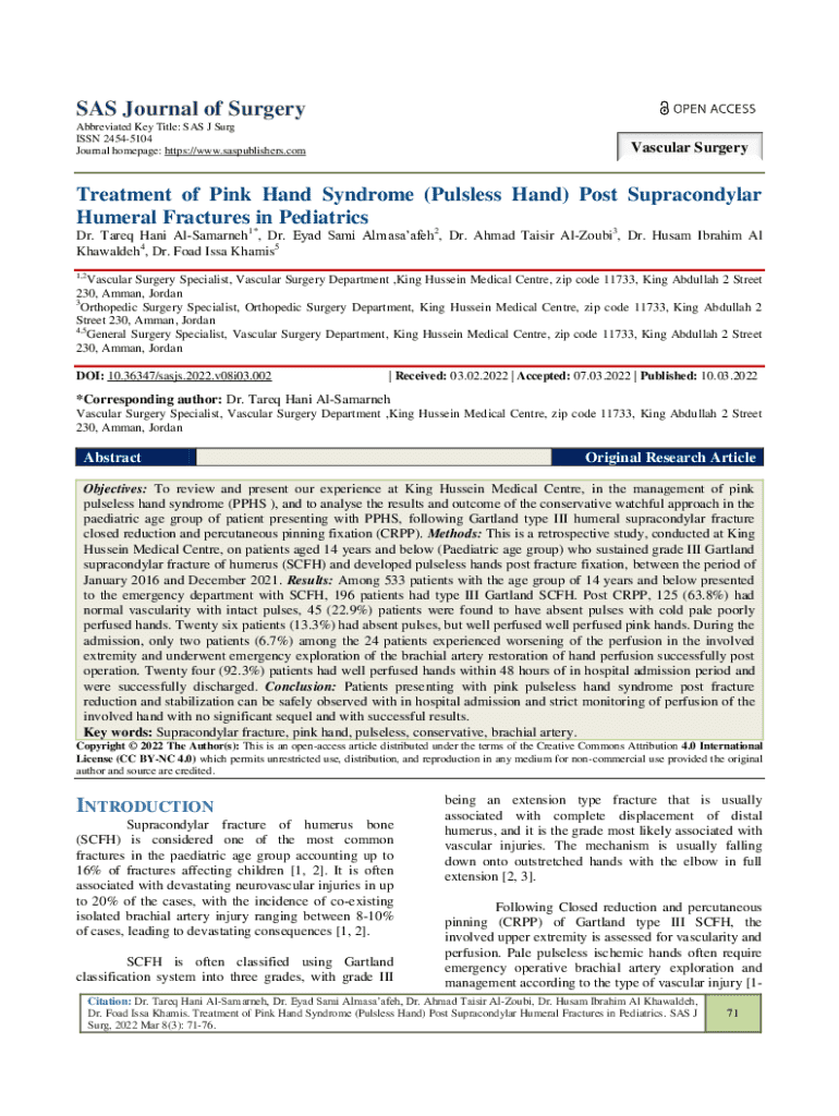 Fillable Online Evaluation and management of pulseless pink/pale hand ...