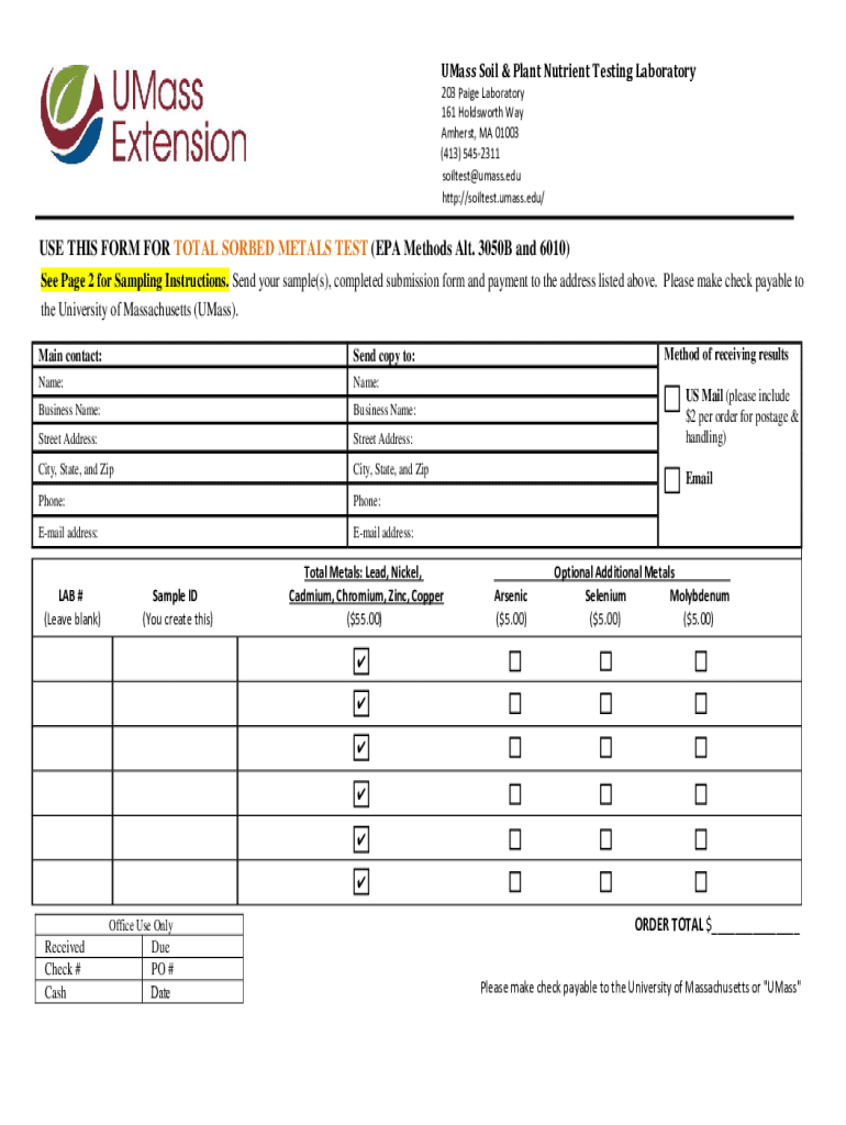 Fillable Online ag umass USE THIS FORM FOR TOTAL SORBED METALS TEST ...