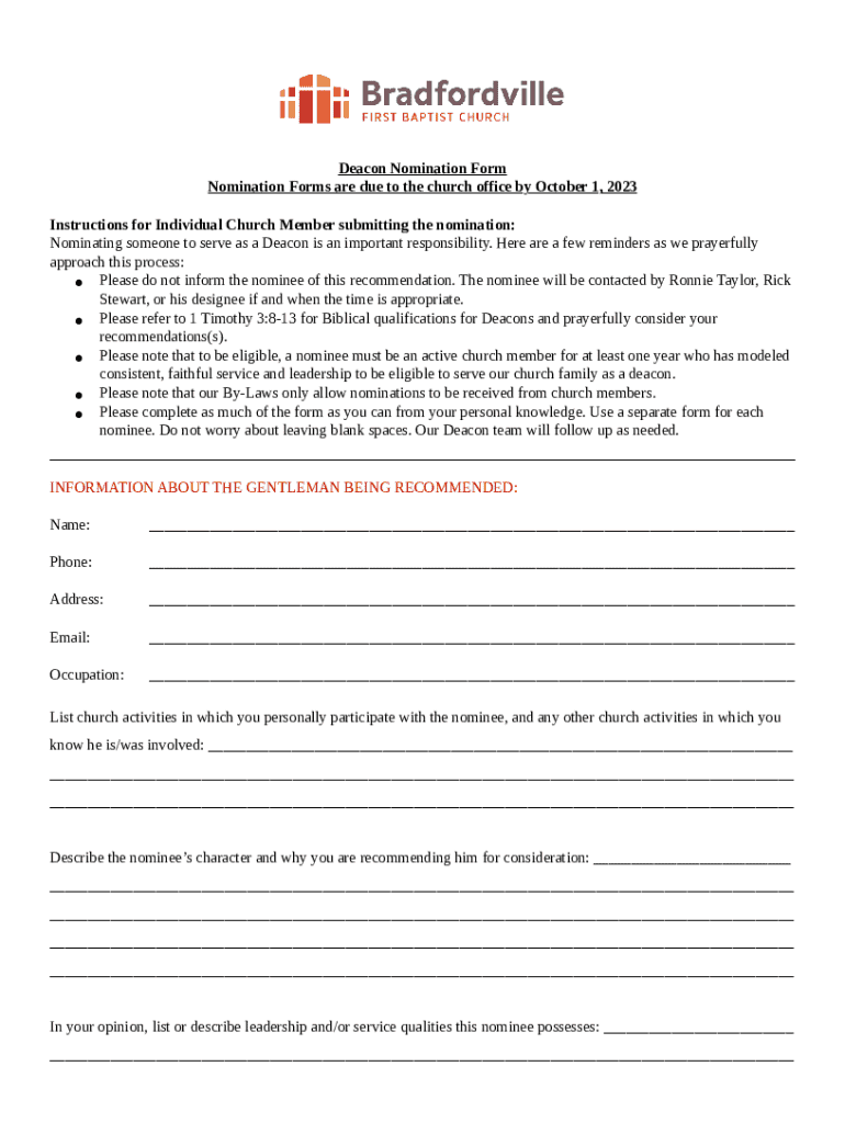 Fillable Online Deacon Nomination Form - Crossroads Baptist Church Fax ...