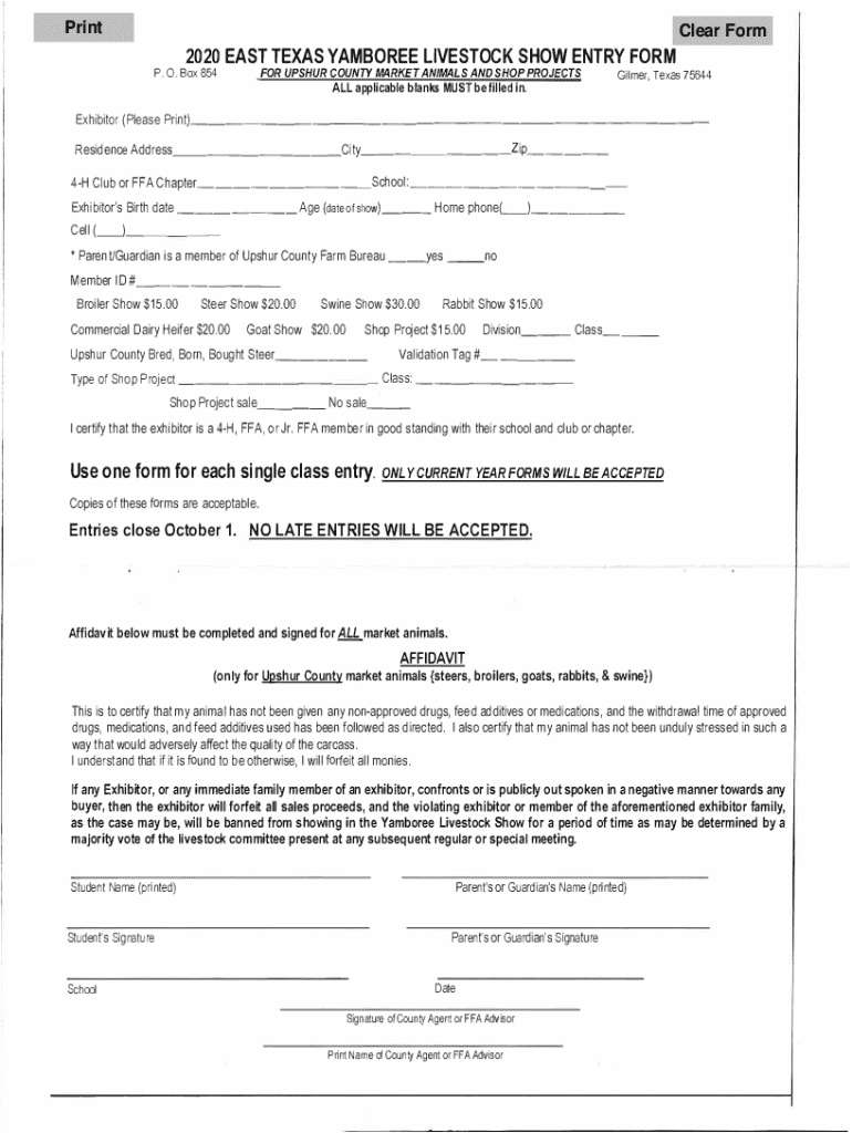 Fillable Online 2020 east texas yamboree livestock show entry form Fax ...
