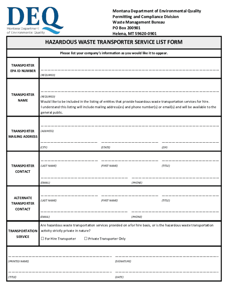 Fillable Online deq mt Hazardous Waste Transporter Service List Form Fax Email Print - pdfFiller