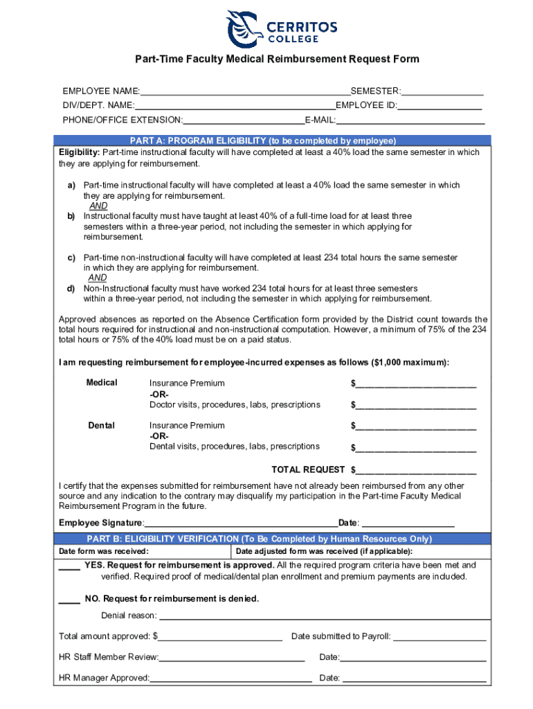Fillable Online Part-Time Faculty Medical Reimbursement Request Form ...