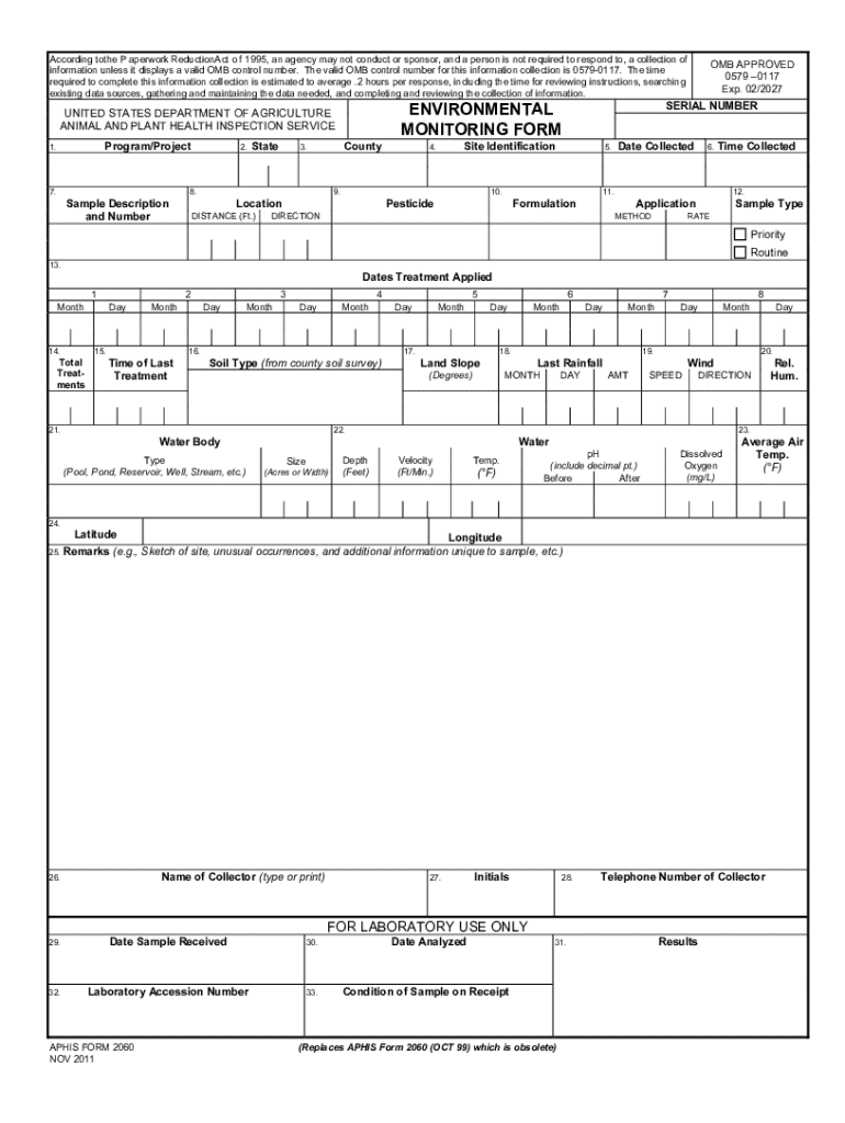 Fillable Online APHIS Form 2060 Environmental Monitoring Form Fax Email ...