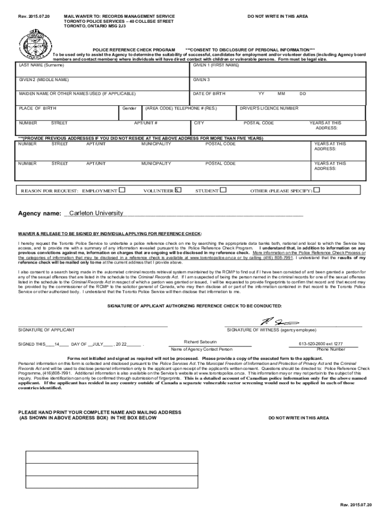 Fillable Online Toronto Police Service Vulnerable Sector Check - Regis ...
