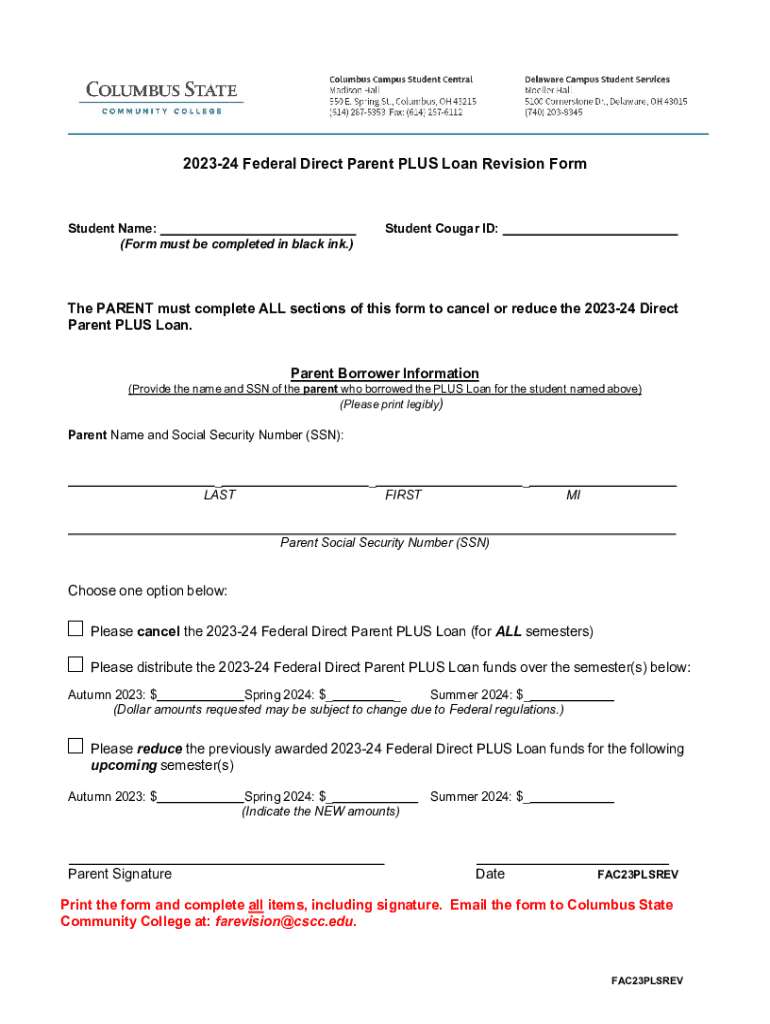 Fillable Online 2023-24 Federal Direct Parent PLUS Loan Revision Form Fax Email Print - pdfFiller