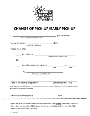 Fillable Online Summer Kids - Early Pickup Form Fax Email Print - pdfFiller