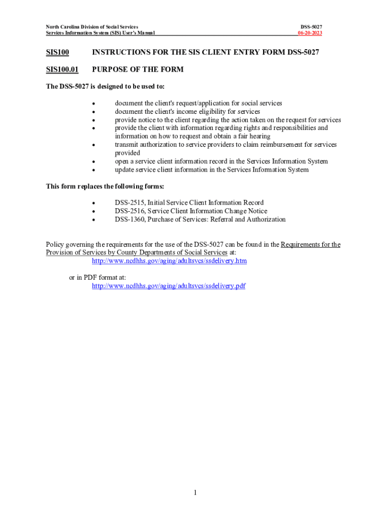 Fillable Online SIS100 INSTRUCTIONS FOR THE SIS CLIENT ENTRY FORM DSS ...