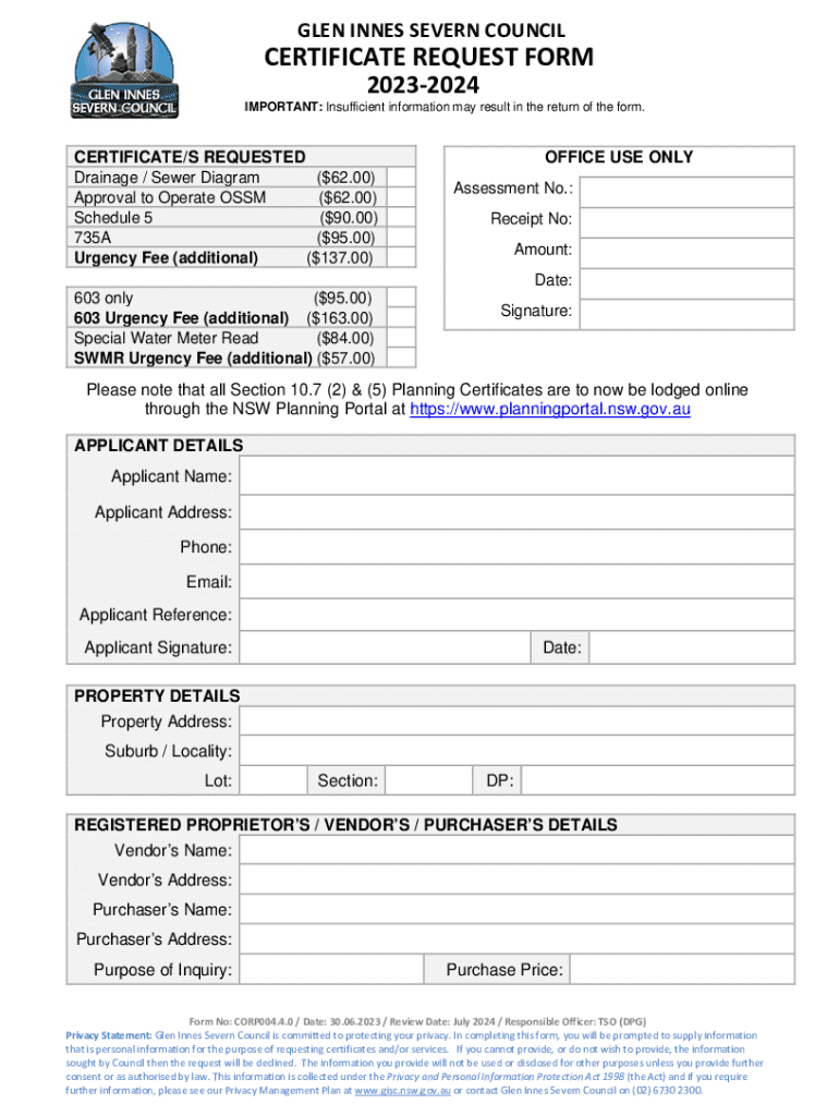 Fillable Online Certificate Request Form 2023 - 2024 Fax Email Print ...