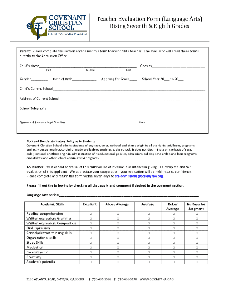 Fillable Online Teacher Evaluation Form (Language Arts) Rising Seventh ... Fax Email Print ...