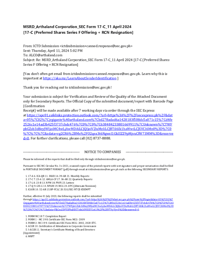 Fillable Online MSRDArthaland CorporationSEC Form 17-C11 April ... Fax ...