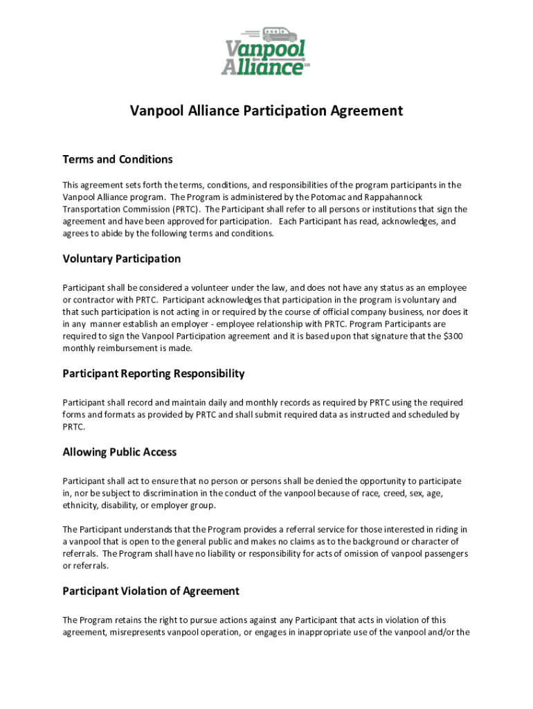 Fillable Online Fillable Online Vanpool Alliance Participation Agreement - PDF ... Fax Email ...