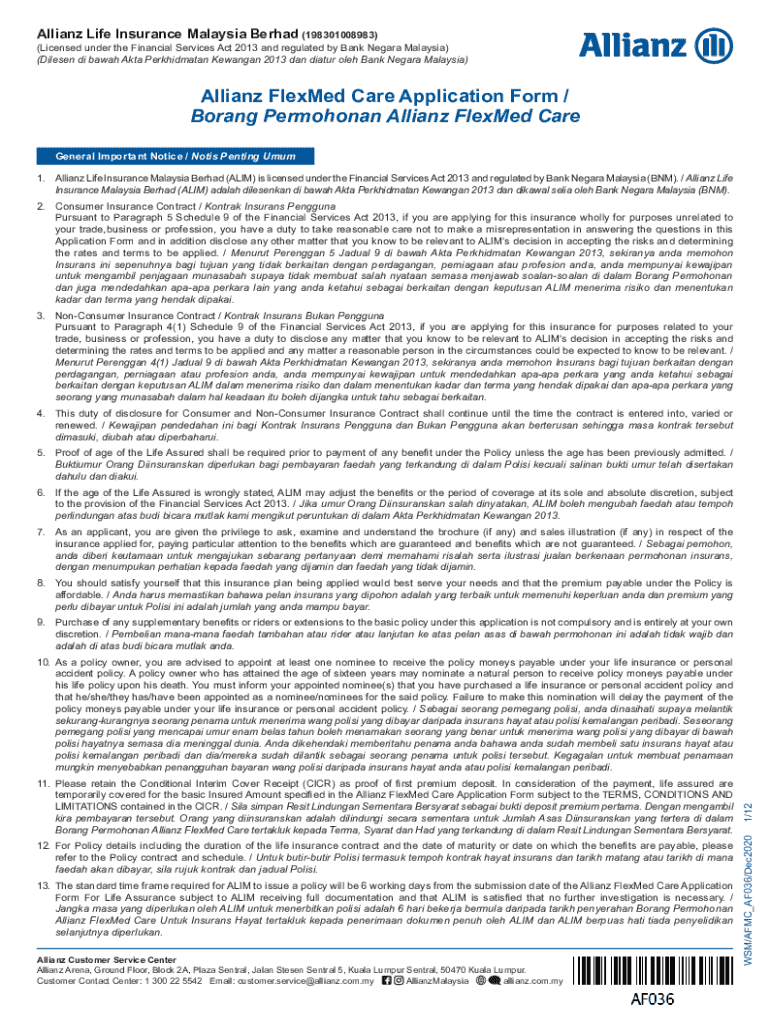 Fillable Online Allianz FlexMed Care Application Form / Borang ... Fax ...