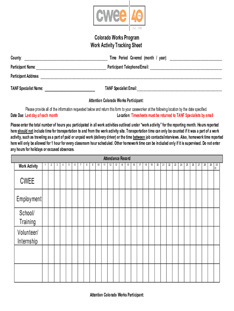 Fillable Online Work Activity Tracking Sheet - CWEE Fax Email Print ...