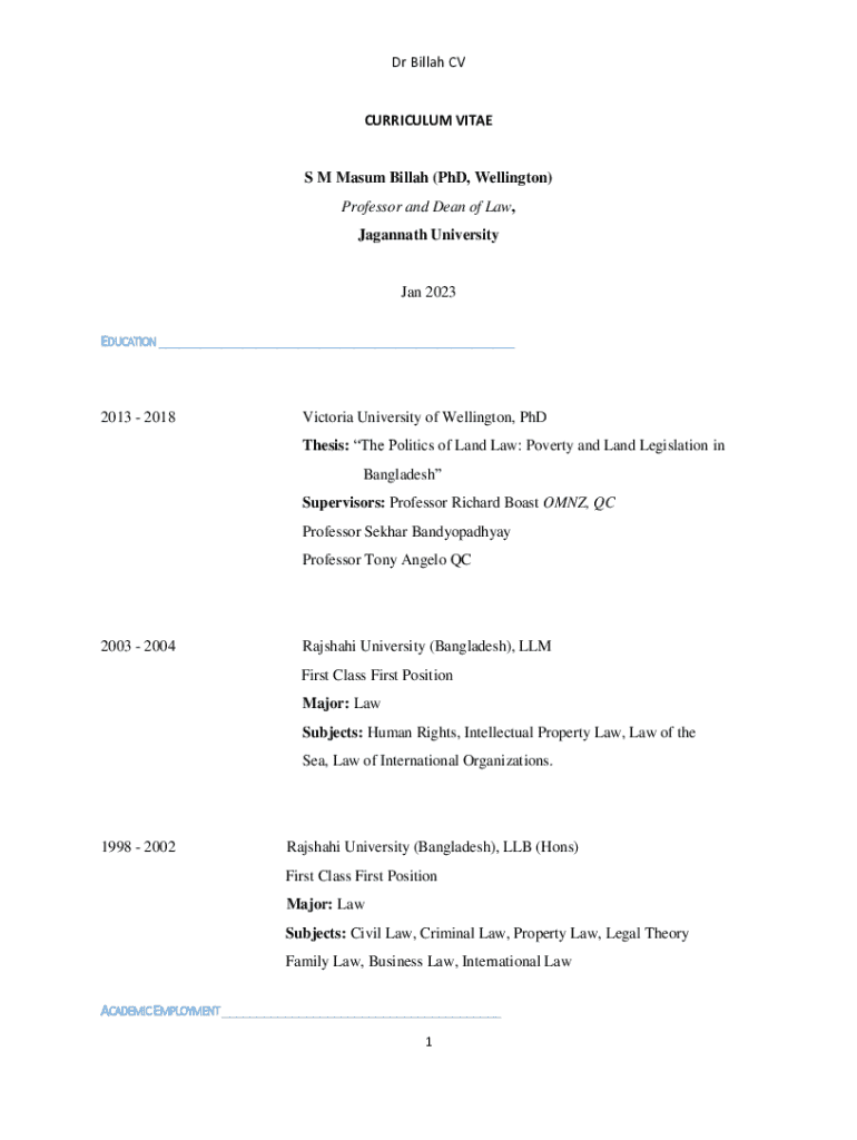 Fillable Online jnu ac Dr Billah CV - CURRICULUM VITAE SM Masum Billah (PhD ... Fax Email Print ...