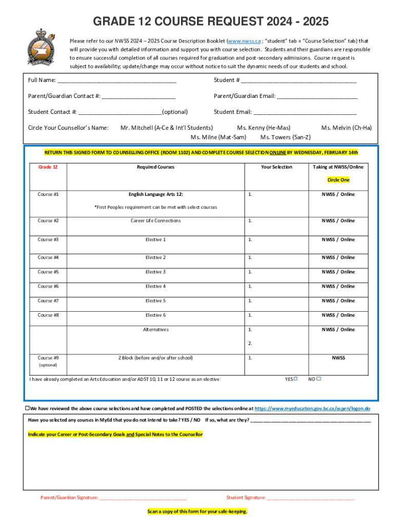 Fillable Online 20242025 COURSE REQUEST PROCESS FORM Fax Email Print - pdfFiller