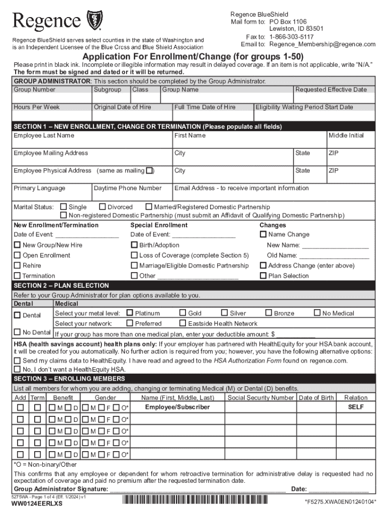 Fillable Online . 2024 Regence BlueShield Application for Enrollment/Change (for groups 1-50 ...