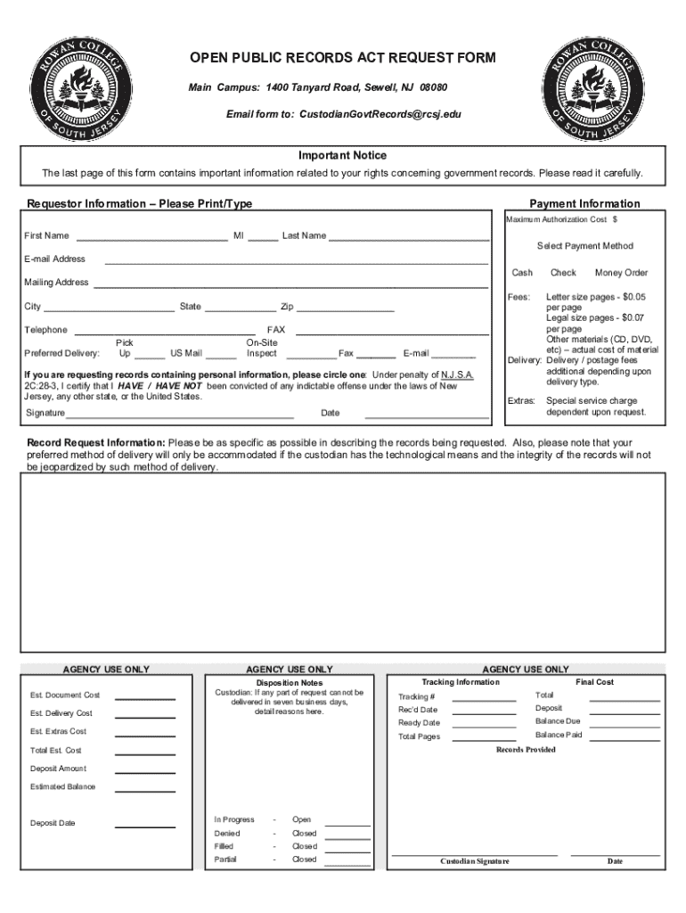 Fillable Online Form CenterOpen Records Request Form (OPRA) Fax Email ...