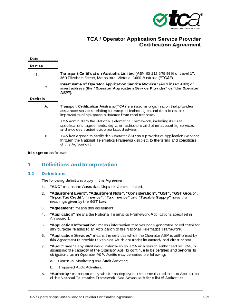 RIM TCA-Operator ASP Registration Agreement Doc Template | pdfFiller