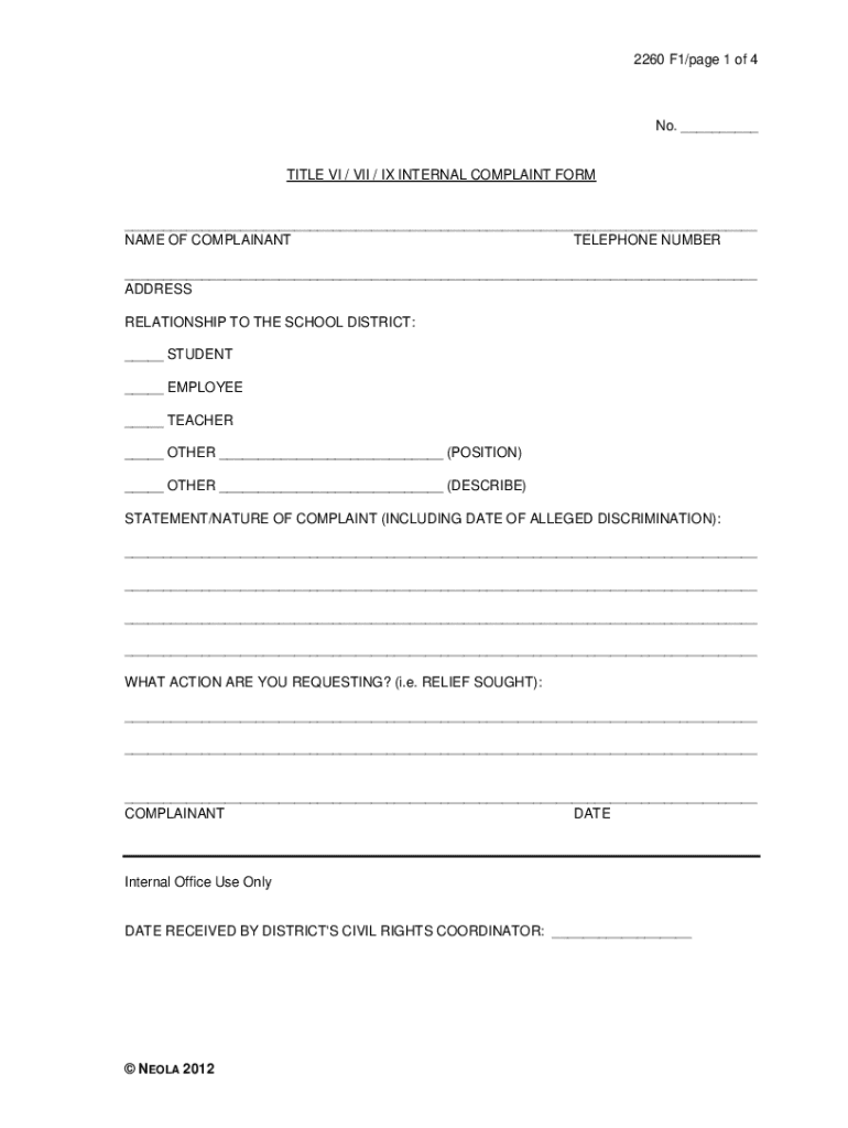 Fillable Online Title VI-VII-IX Internal Complaint Form Fax Email Print - pdfFiller