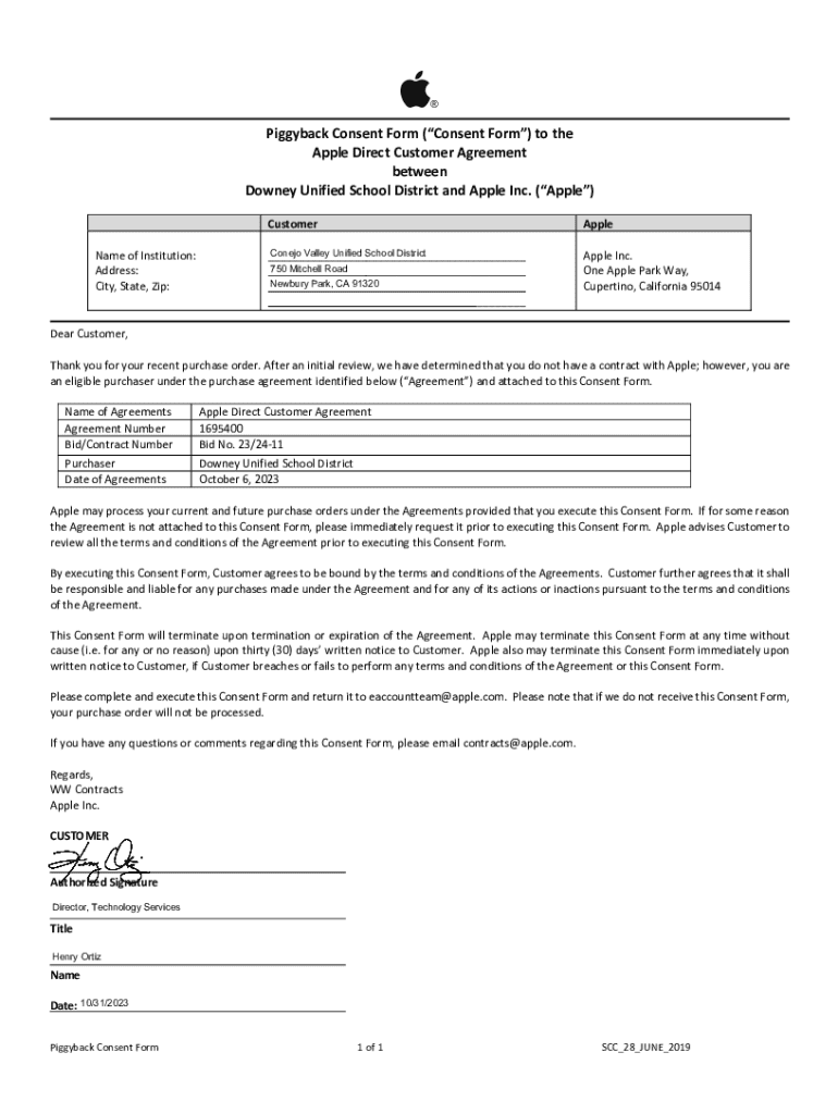 Fillable Online Piggyback Consent Form (Consent Form) to the Apple ...