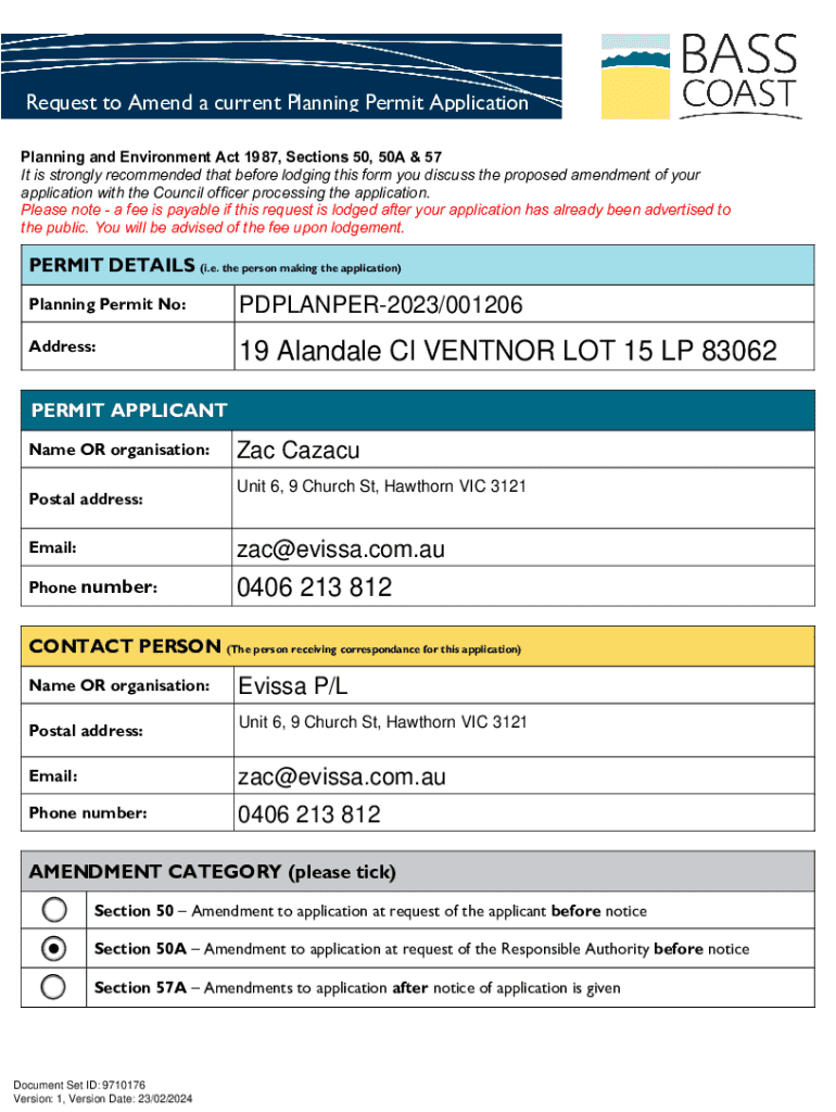 Fillable Online ECM9710176v1Planning Permit Application - 107826 - s50A ...