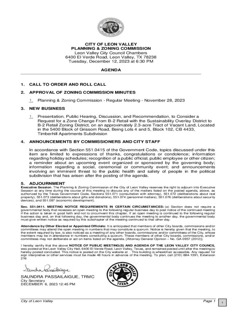 Fillable Online CITY OF LEON VALLEY PLANNING & ZONING COMMISSION ...