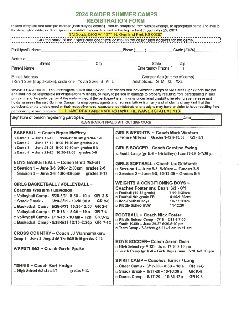 Fillable Online 2023 RAIDER SUMMER CAMPS REGISTRATION FORM Fax Email Print - pdfFiller