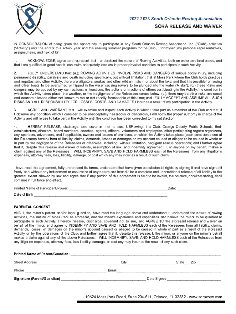 Fillable Online SORA 2022-2023 All Purpose Release and Waiver Fax Email ...