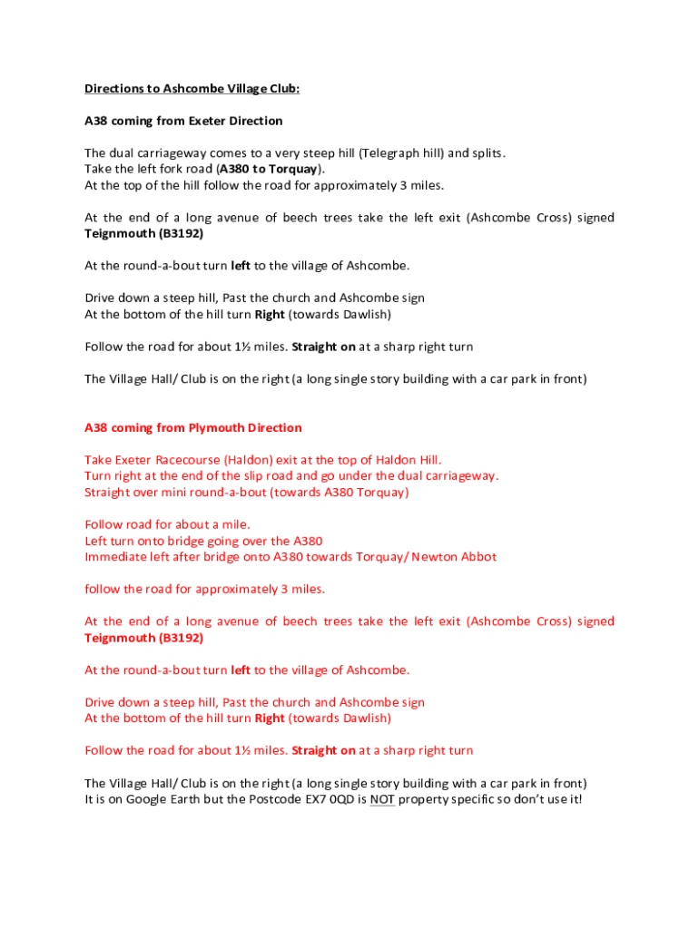 Fillable Online Directions to Ashcombe Village Club: A38 coming from ...
