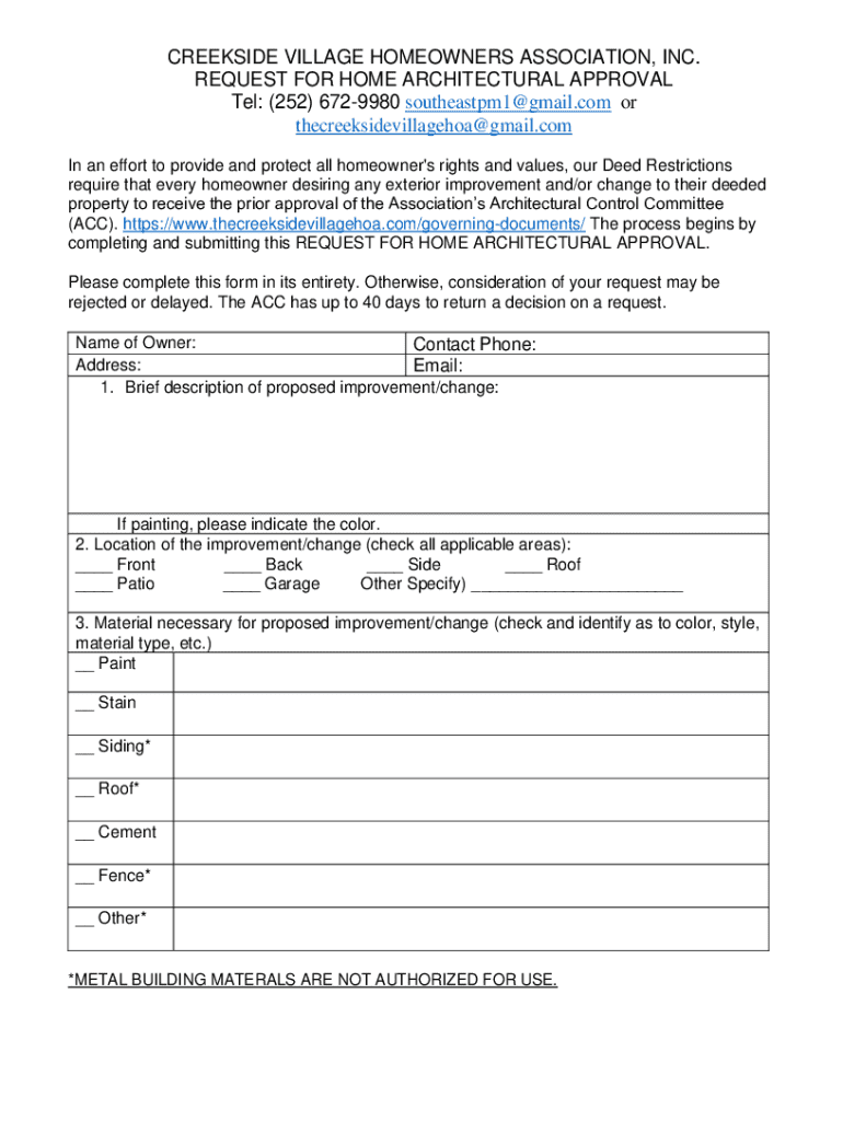 Fillable Online Creekside Village Homeowners Association, Inc. - Home ...