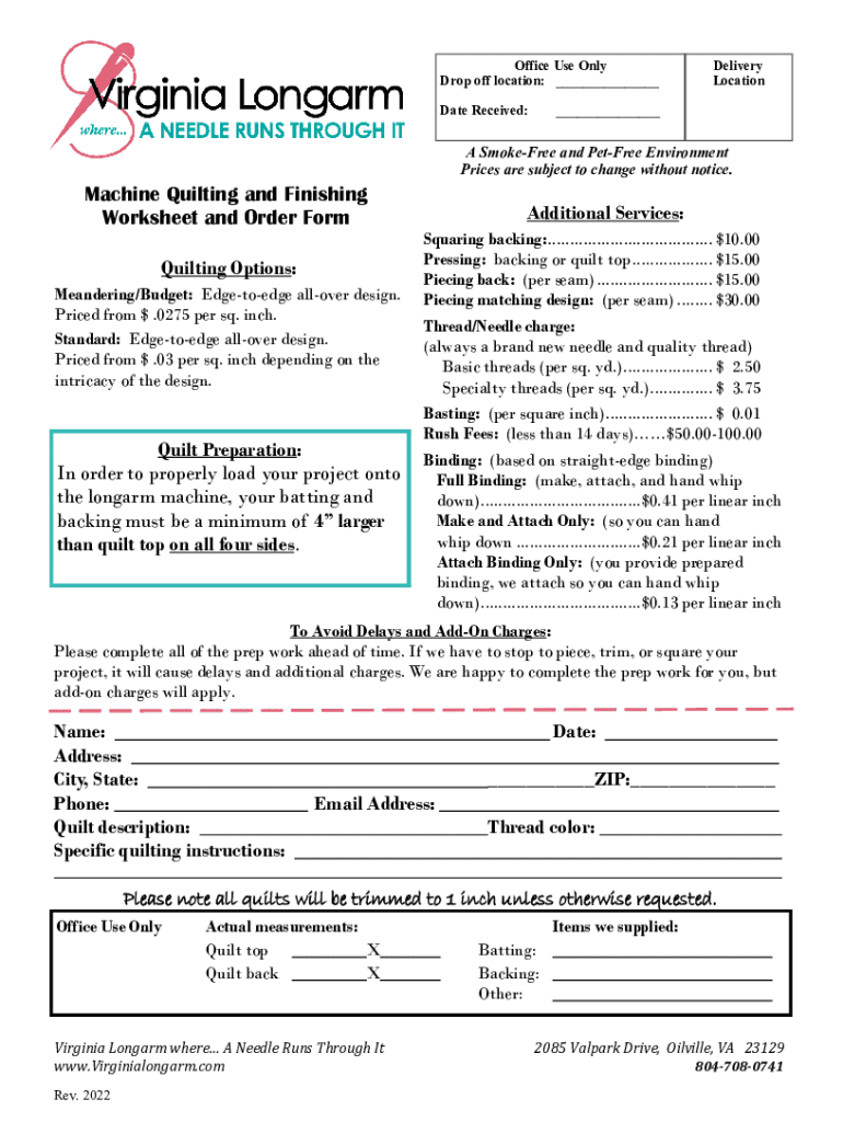Fillable Online Machine Quilting and Finishing Worksheet and Order Form ...