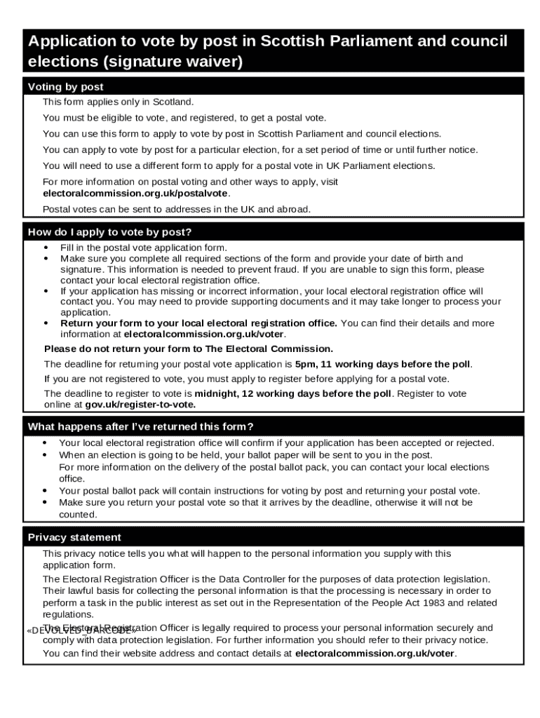 Postal vote application Waiver Blank template Doc Template | pdfFiller