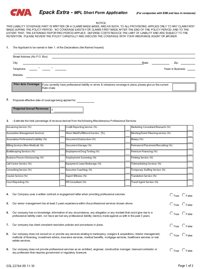 Fillable Online Epack Extra - MPL Short Form Application Fax Email Print - pdfFiller