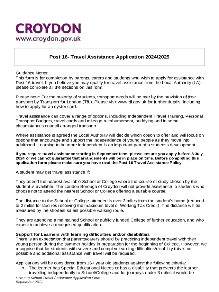 Post 16 online Travel Assistance Application Doc Template | pdfFiller