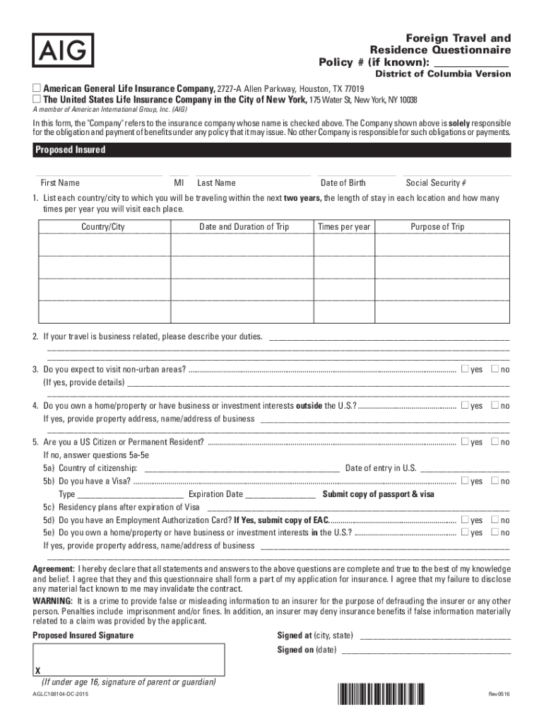 Fillable Online Foreign Travel and Residence Questionnaire Policy # (if known) Fax Email Print ...