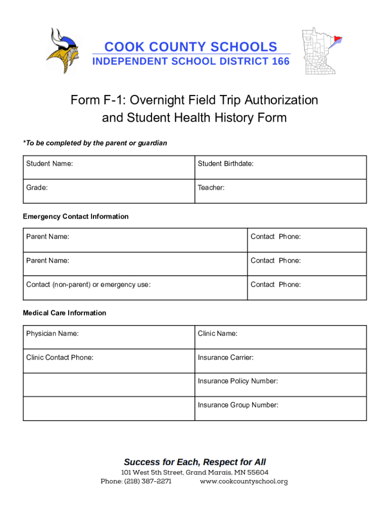 Fillable Online Form F-1 Overnight Field Trip Authorization and Student ...
