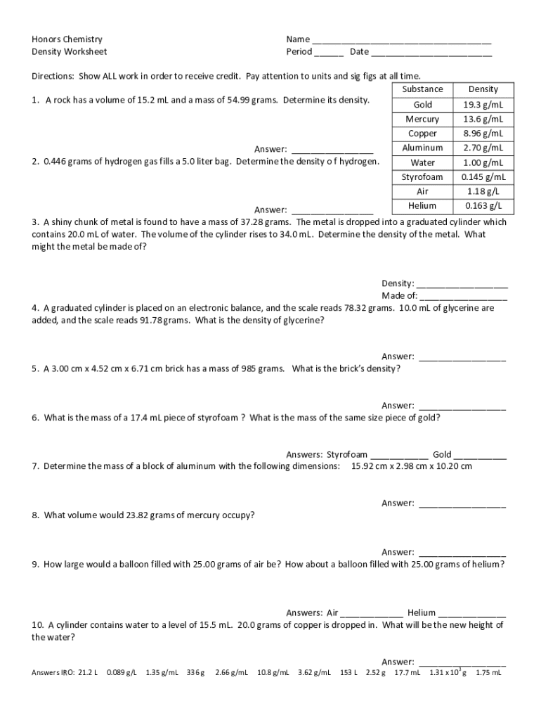 Fillable Online KEY Honors Chemistry Assignment Sheet- Unit 2 Fax Email ...